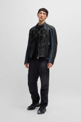 HUGO - HUGO x RB slim-fit leather jacket with mesh logo - Black