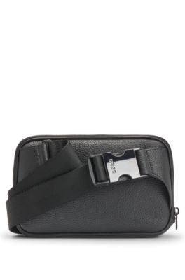 HUGO - Grained faux-leather crossbody bag with stacked-logo trim - Black