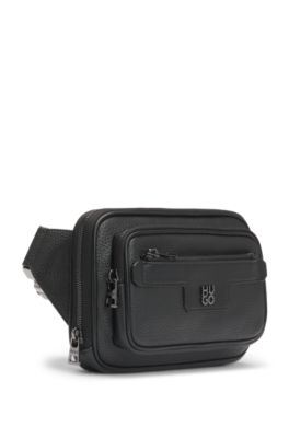 HUGO - Grained faux-leather crossbody bag with stacked-logo trim - Black