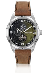 HUGO - Olive-dial watch with leather strap