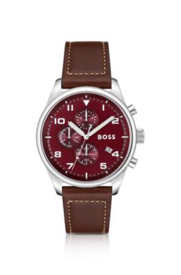 Hugo Boss Red-dial Chronograph Watch With Brown Leather Strap Men's ...