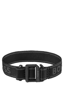 BOSS - Black woven logo-strap cuff with adjustable buckle