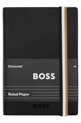 BOSS - A6 black faux-leather notebook with signature-stripe strap - Black