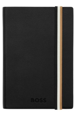 BOSS - A6 black faux-leather notebook with signature-stripe strap - Black