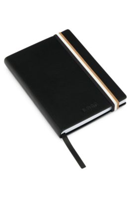 BOSS - A6 black faux-leather notebook with signature-stripe strap - Black