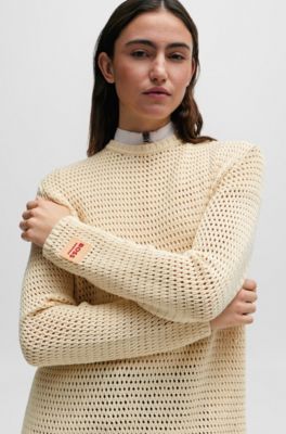 BOSS - Equestrian cotton sweater with silicone logo patch - Light Beige