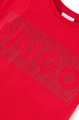HUGO - Kids' cotton-jersey T-shirt dress with studded logo artwork - Red