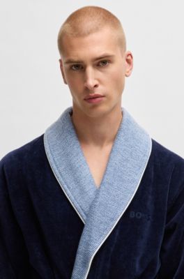 BOSS - Navy cotton-velvet dressing gown with embroidered logo