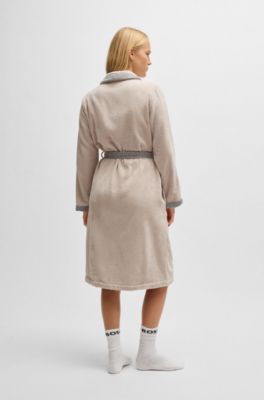 BOSS - Cotton-velvet dressing gown with embroidered logo - Light Beige