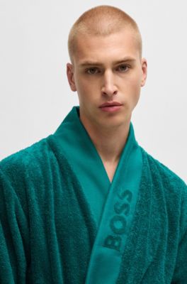 BOSS - Logo-lapel dressing gown in long-fibre cotton - Dark Green