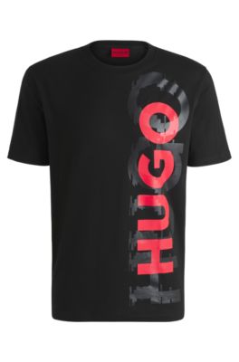 HUGO - Camiseta de cuello redondo en algodón con logo de transición - Negro