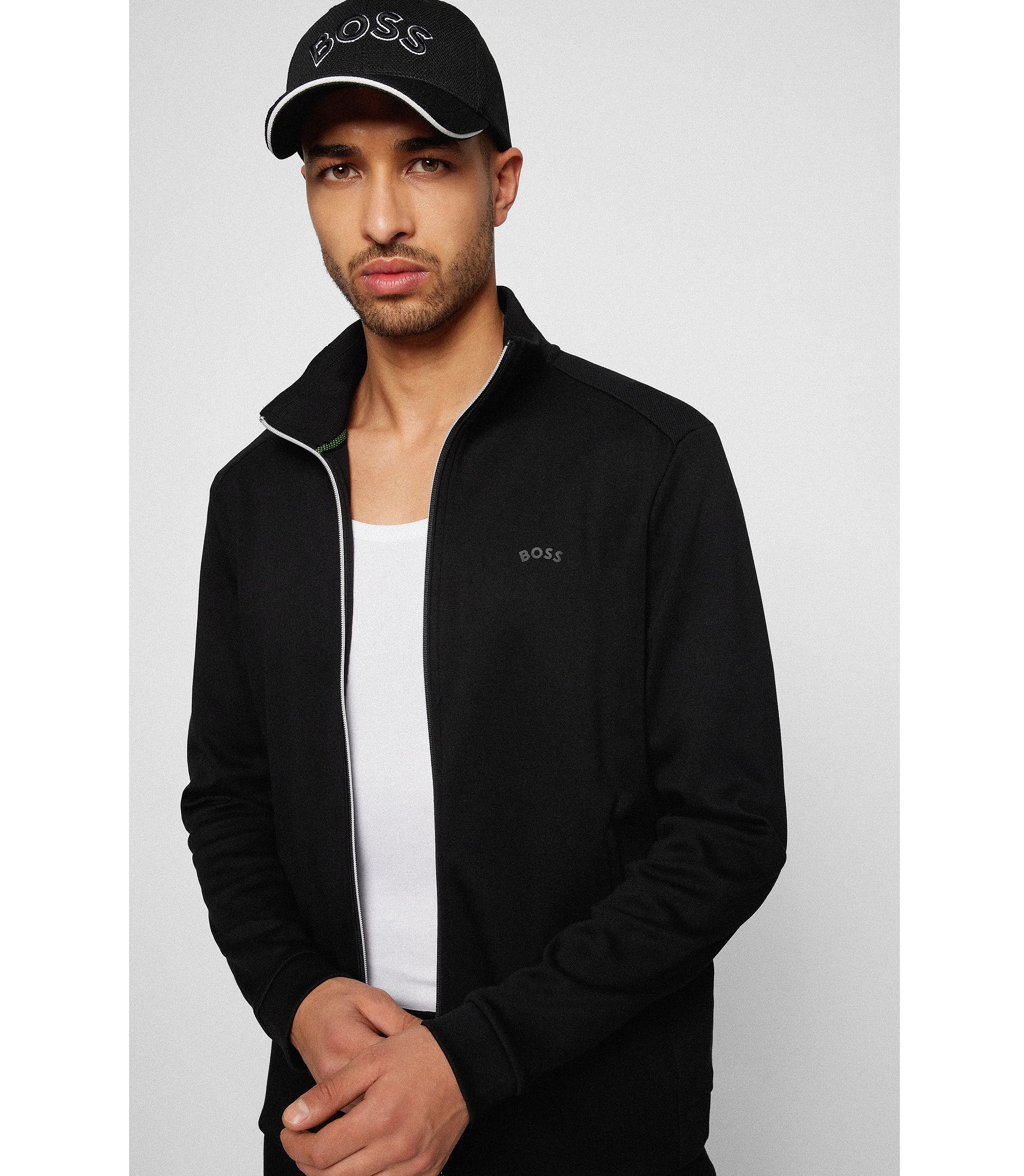 BOSS - Interlock-cotton zip-up sweatshirt with piqué panel BOSS - Interlock-cotton zip-up sweatshirt with piqué panel
