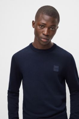 BOSS - Crew-neck sweater in cotton and cashmere with logo - Dark Blue