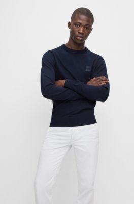 BOSS - Crew-neck sweater in cotton and cashmere with logo - Dark Blue