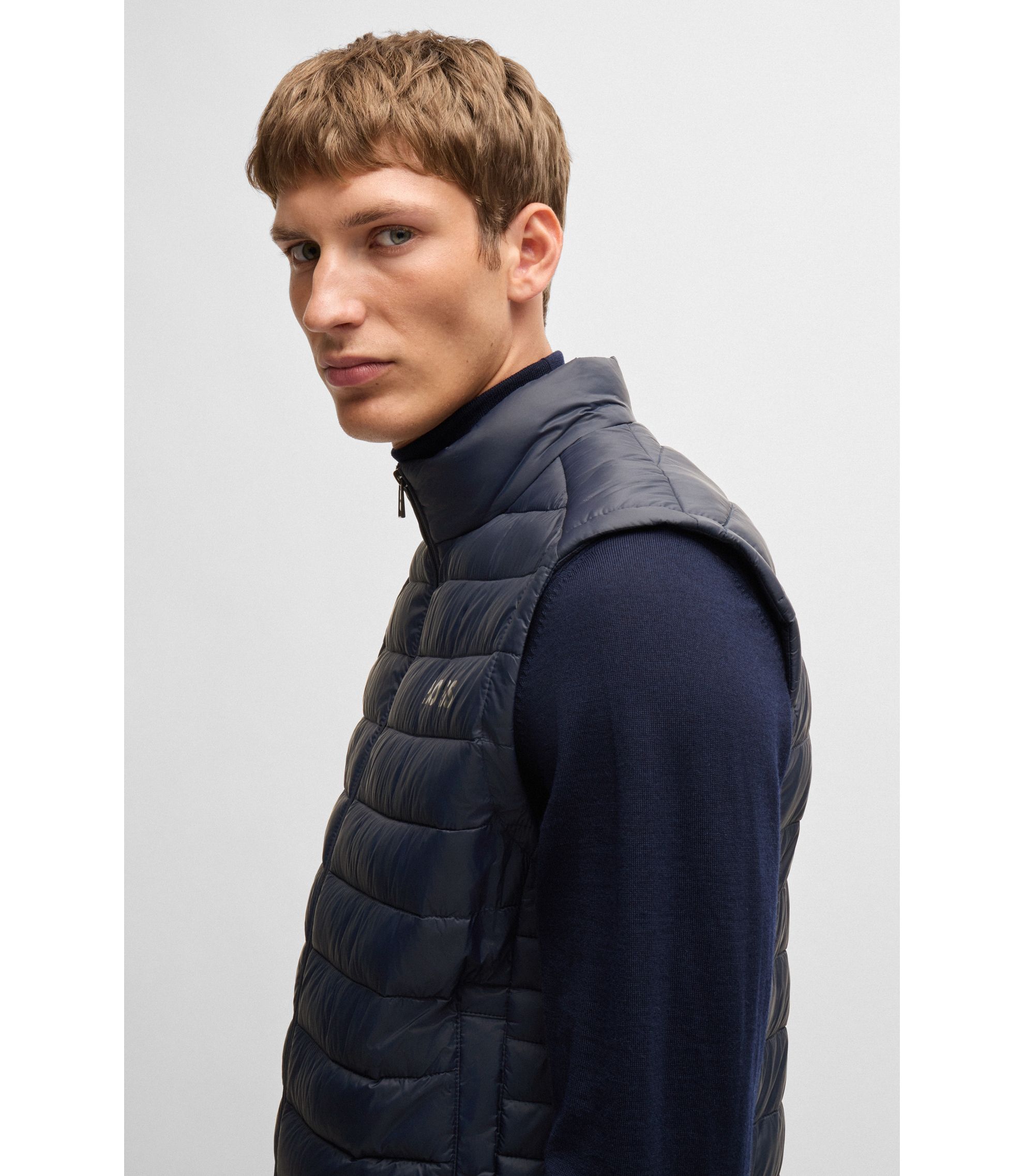 BOSS - Packable gilet with tonal logo - Dark Blue