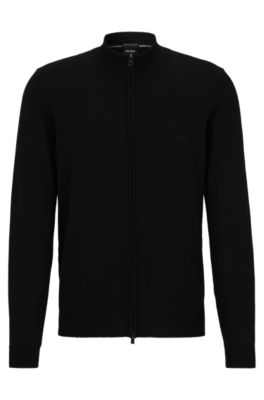 BOSS - Zip-up cardigan in virgin wool with embroidered logo - Black