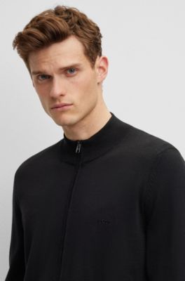 BOSS - Zip-up cardigan in virgin wool with embroidered logo - Black