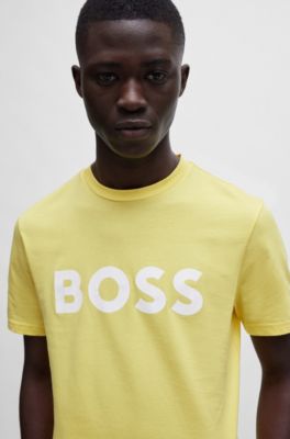 BOSS - Cotton-jersey T-shirt with curved-logo print - Yellow