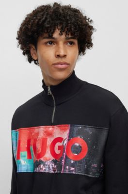 HUGO - Cotton-terry zip-neck sweatshirt with logo artwork - Black