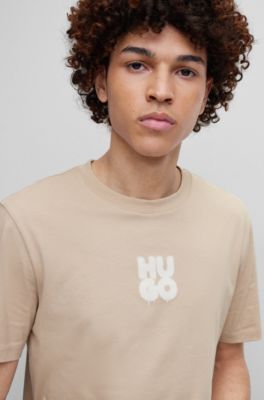HUGO - Cotton-jersey T-shirt with graffiti-style stacked logo - Light Beige
