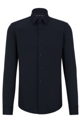 BOSS - Camisa slim fit de punto microdobby técnico elástico - Azul oscuro