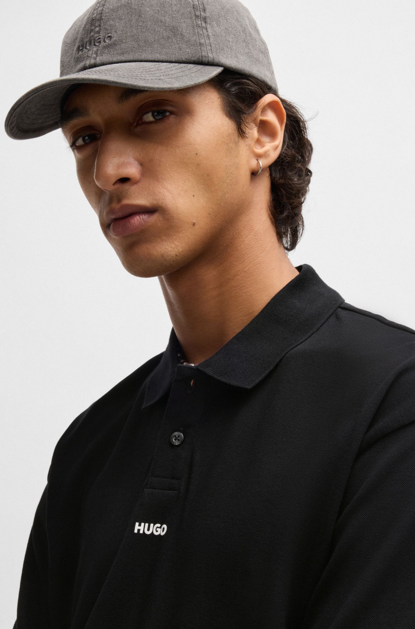HUGO - Cotton-piqué polo shirt with logo print - Black HUGO - Cotton-piqué polo shirt with logo print - Black