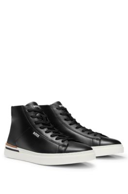 BOSS - High-top trainers in smooth leather with signature stripe - Black