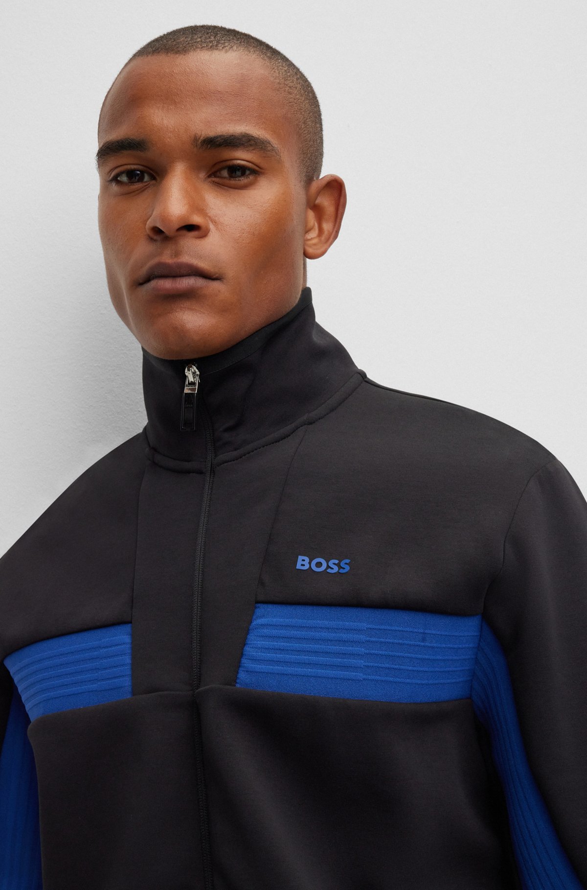 BOSS - Cotton-blend zip-up sweatshirt with tape trims - Black BOSS - Cotton-blend zip-up sweatshirt with tape trims - Black