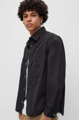 HUGO - Oversized-fit overshirt in cotton twill with patch pockets - Black