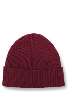 BOSS - Ribbed beanie hat in merino wool - Dark Red