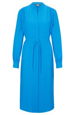 BOSS - Belted dress with collarless V neckline and button cuffs