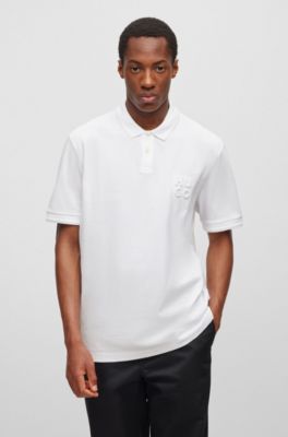 HUGO - Stacked-logo-embossed polo shirt in cotton piqué - White
