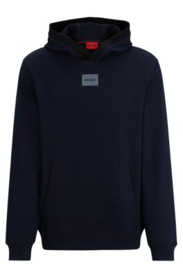 HUGO - Cotton-terry regular-fit hoodie with flock-print logo - Dark Blue