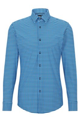 BOSS - Slim-fit shirt in geometric-print performance-stretch fabric - Blue
