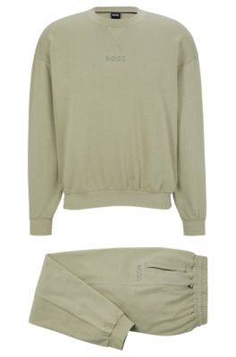 BOSS - Suede-look pajamas in cotton with embroidered logos - Light Green