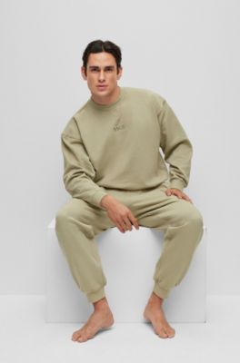 BOSS - Suede-look pajamas in cotton with embroidered logos - Light Green