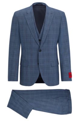 HUGO - Three-piece slim-fit suit in checked stretch fabric - Blue