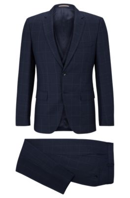 BOSS - Three-piece slim-fit suit in checked virgin wool - Dark Blue