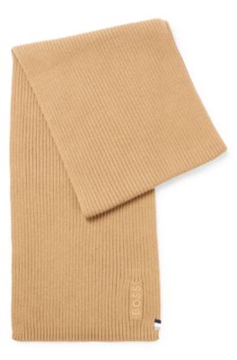 BOSS - Ribbed scarf in a cotton blend with logo details - Beige