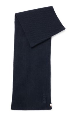 BOSS - Ribbed scarf in a cotton blend with logo details - Dark Blue