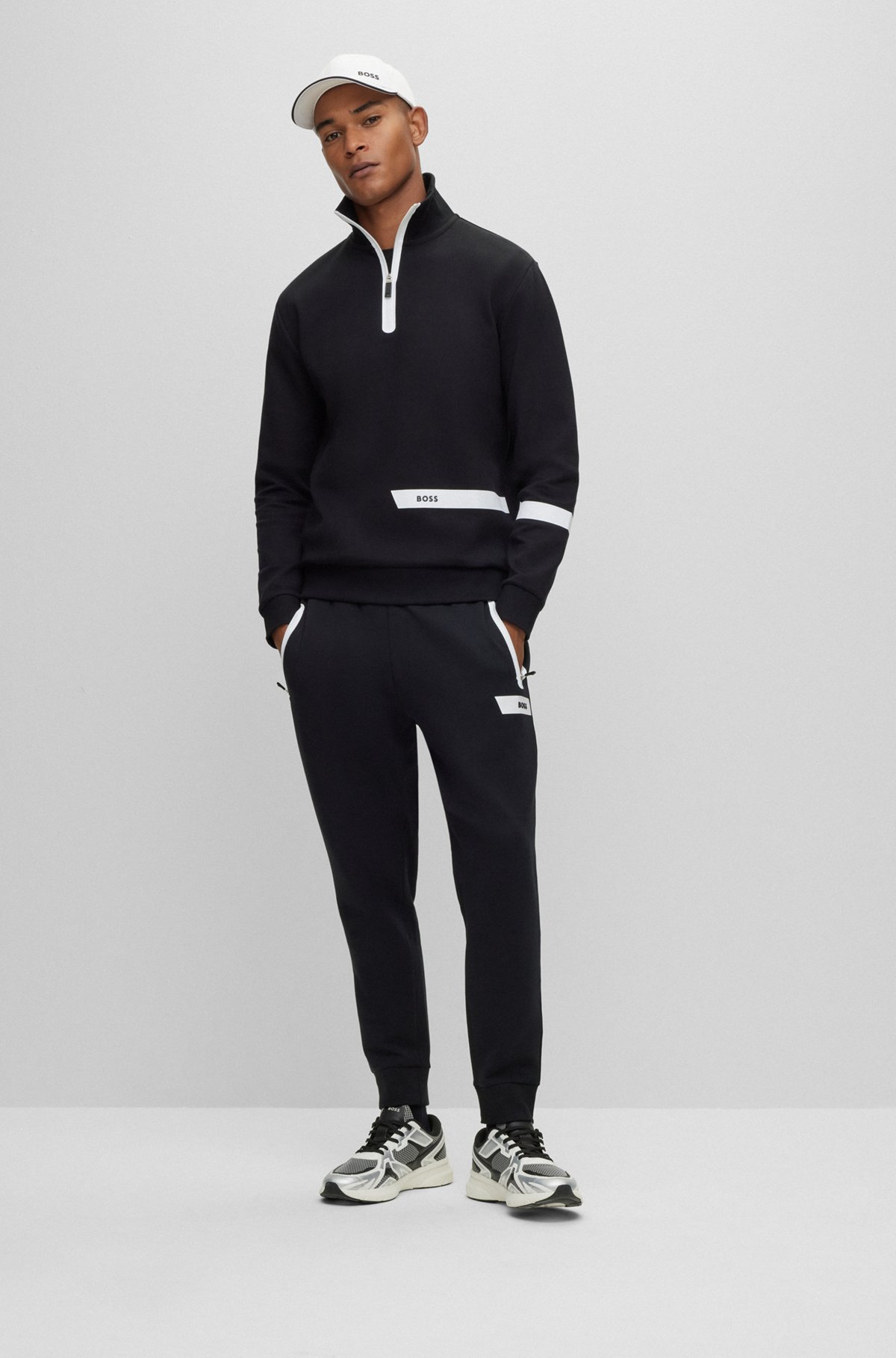 BOSS - Cotton-blend zip-neck sweatshirt with logo stripe - Black BOSS - Cotton-blend zip-neck sweatshirt with logo stripe - Black