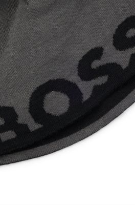 BOSS - Beanie hat with logo in a wool blend - Dark Grey