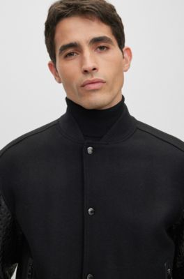 BOSS - Varsity-style jacket with monogram-embossed leather sleeves - Black