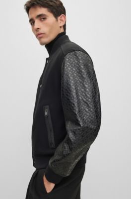 BOSS - Varsity-style jacket with monogram-embossed leather sleeves - Black