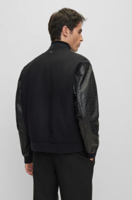 BOSS - Varsity-style jacket with monogram-embossed leather sleeves - Black