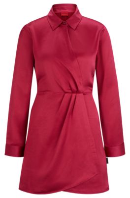 HUGO - Long-sleeved dress in satin with wrap front