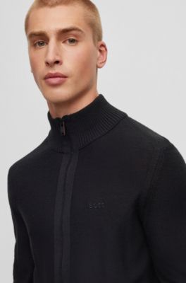 BOSS - Wool-blend knitted jacket with embroidered logo - Black