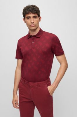 BOSS - Regular-fit polo shirt with monogram jacquard - Dark Red