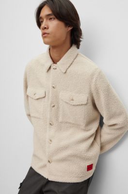 HUGO - Oversize-fit overshirt in faux teddy with logo label - White