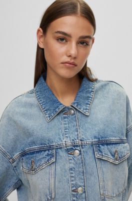 HUGO - Cropped jacket in blue rigid denim with rhinestone detail ...